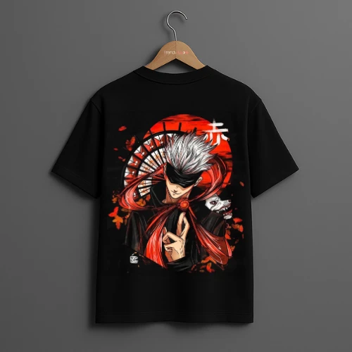 Satoru Gojo Red Fan Anime Drop Shoulder T-Shirt for Men | Trendy Luxe ...